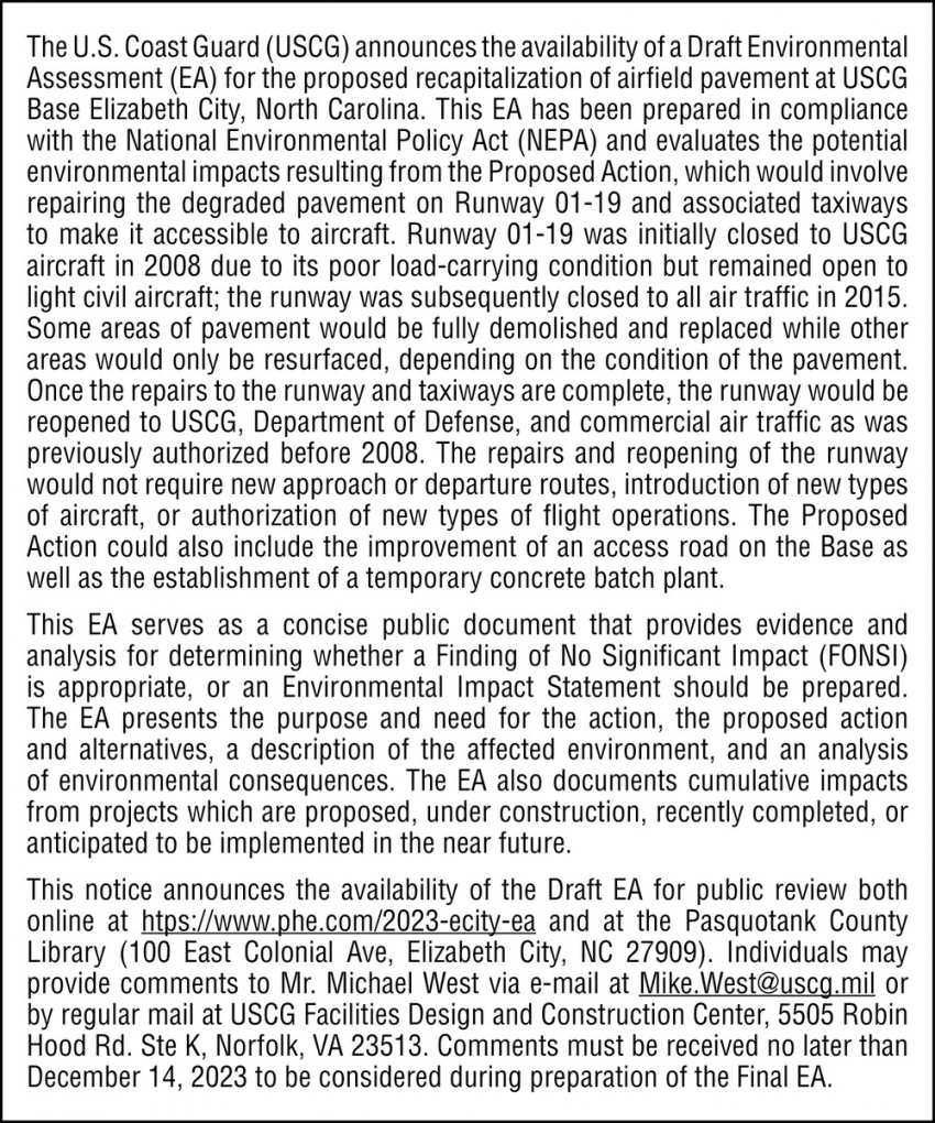 The U.S. Coast Guard (USCG) Announces The Availability Of A Draft ...