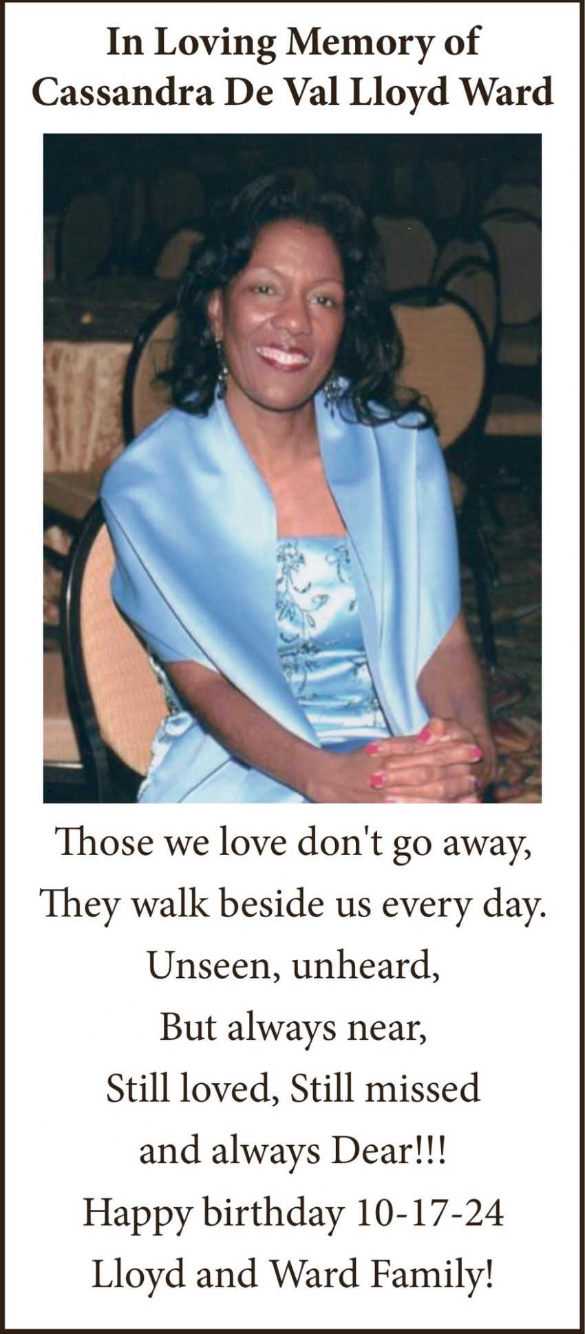 In Loving Memory of Cassandra De Val Lloyd Ward, Obituaries