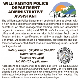 Administrative Assistant, The Williamston Police Department