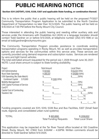 Public Hearing Notice, Tar River Transit, Rocky Mount, NC
