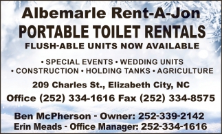Portable Toilet Rentals, Albemarle Rent-A-Jon, Elizabeth City, NC